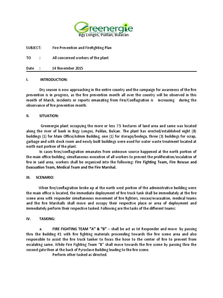 Fire Prevention and Emergency Response Plan for Greenergie Plant in ...