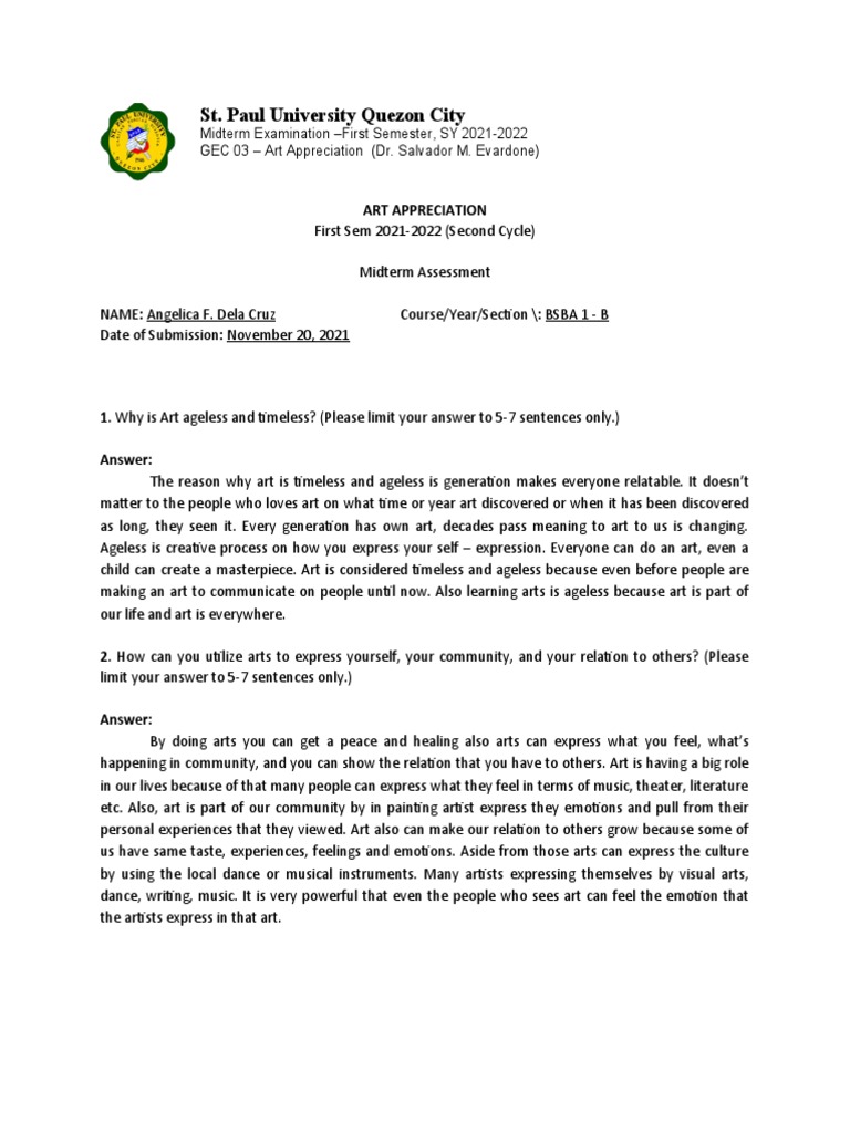 Angelica Dela Cruz - MIDTERM ASSESSMENT | PDF | Paintings | Feeling