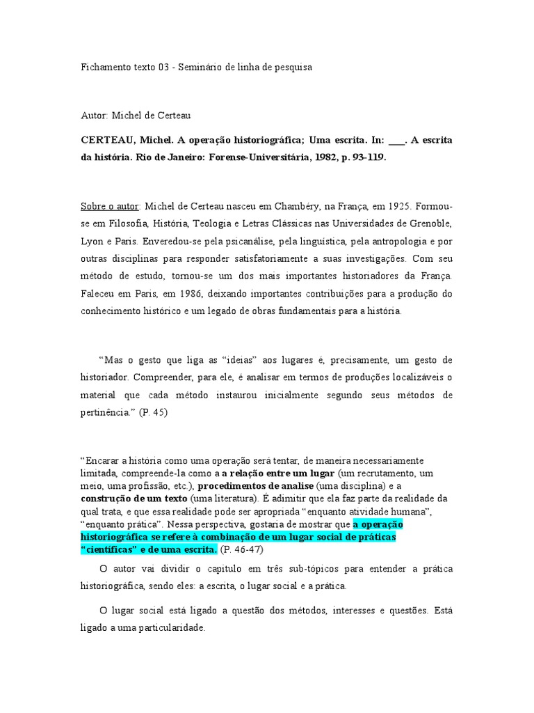 Fichamento Texto 03 - Certeau | PDF | Sociologia | Science