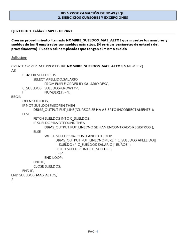 BD.6.PL-SQL.2.EJERCICIOS CURSORES | PDF | Pl / Sql | Datos de computadora