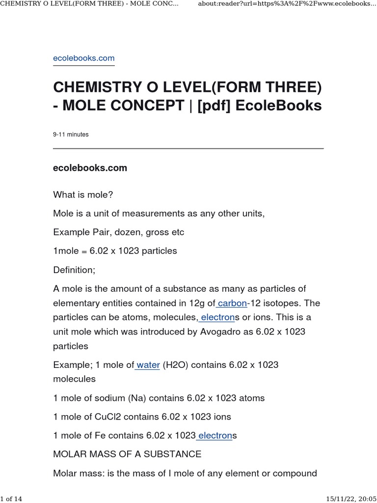 CHEMISTRY O LEVEL (FORM THREE) - MOLE CONCEPT (PDF) | PDF | Mole (Unit ...