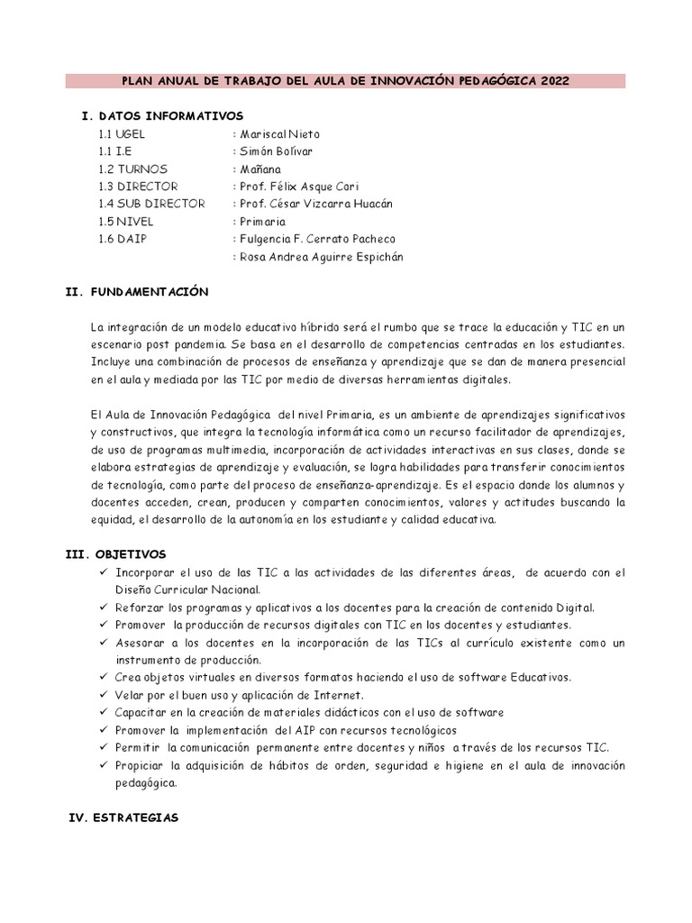 Plan Anual de Trabajo - AIP SIMON BOLIVAR | PDF