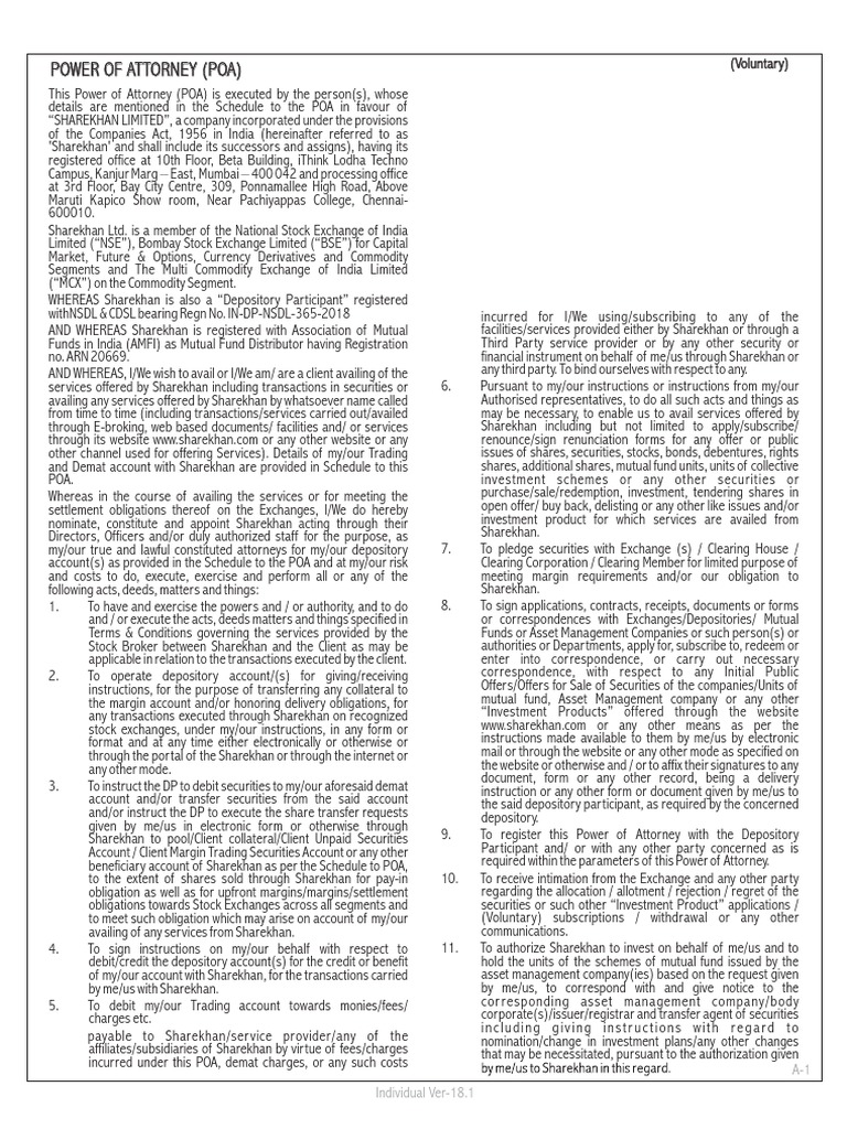 Power of Attorney (Poa) Power of Attorney (Poa) : A-1 Individual Ver-18.1 | PDF | Securities ...