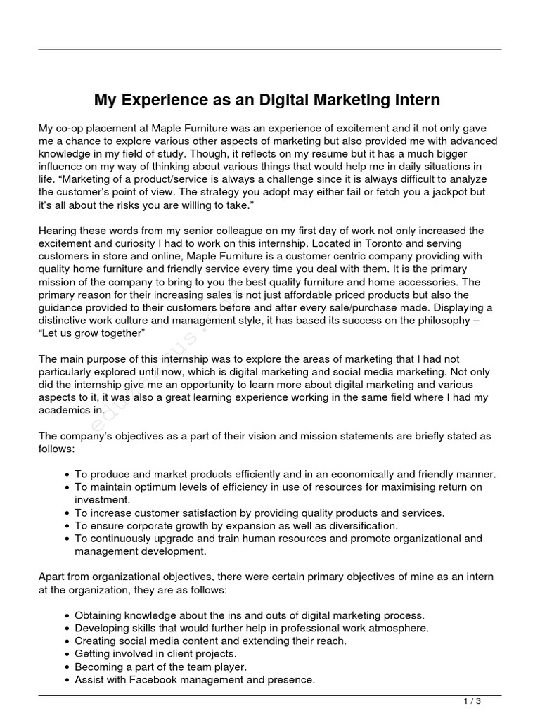 Field Placement Reflection Report On Co Op Placement at Maple Furniture ...