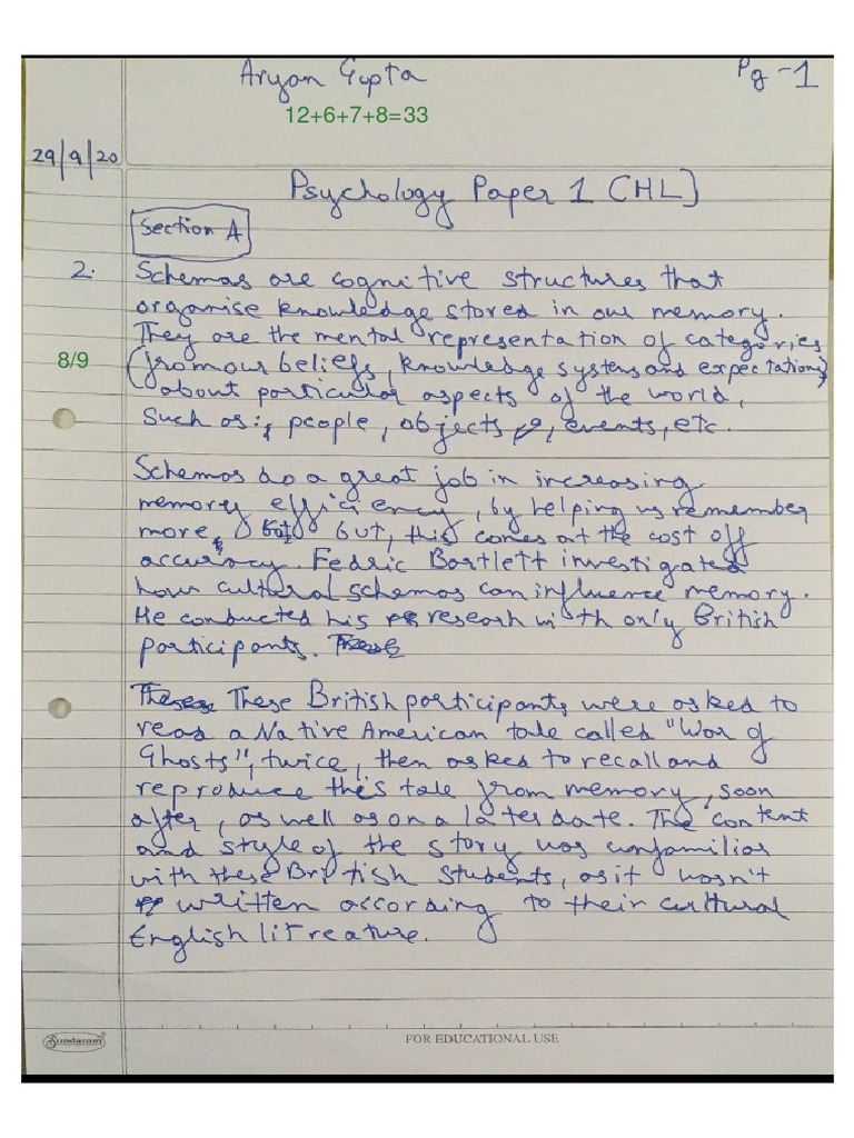 IB - Psychology Paper 1 (5) 29.09.20 - Psychology HL Paper 1 - Aryan ...