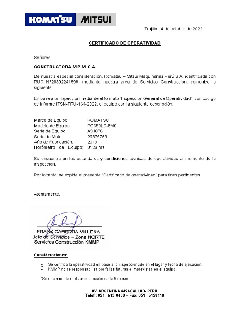 Certificado de Operatividad Constructora M.P.M. S.A. - Pc350lc-8m0 Nsa34076 | PDF