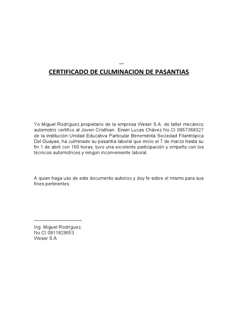 Certificado de Culminacion de Pasantias | PDF