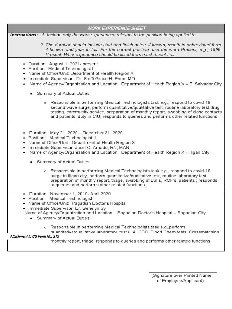 Cs Form No. 212 Attachment Work Experience Sheet | PDF