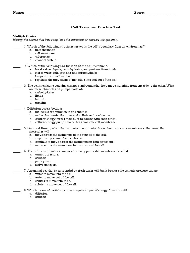 Cell Transport Practice Test | PDF