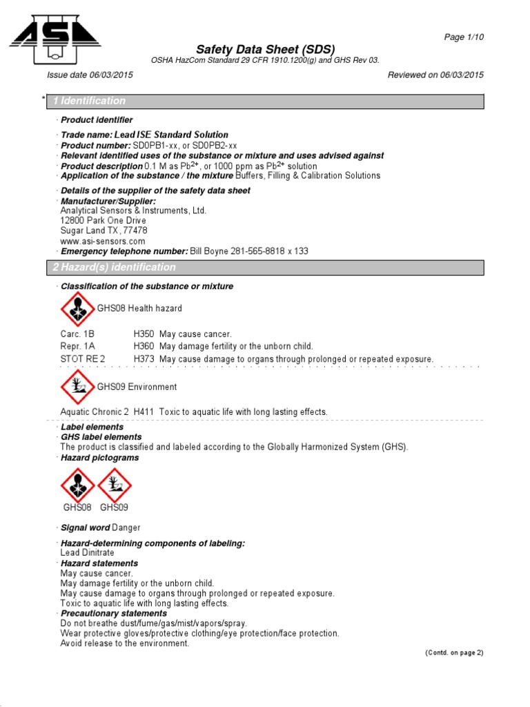 ASI SDS Lead Standard Solution | PDF | Dangerous Goods | Occupational ...