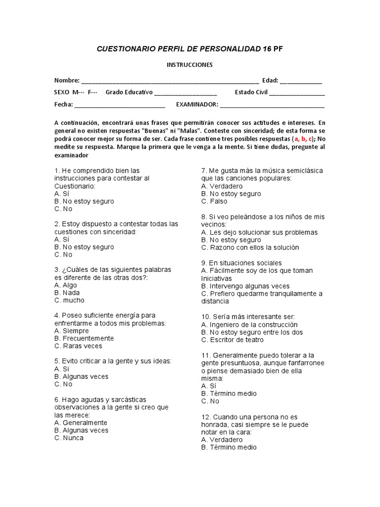 Test 16Pf CATELL 187 Preguntas | PDF