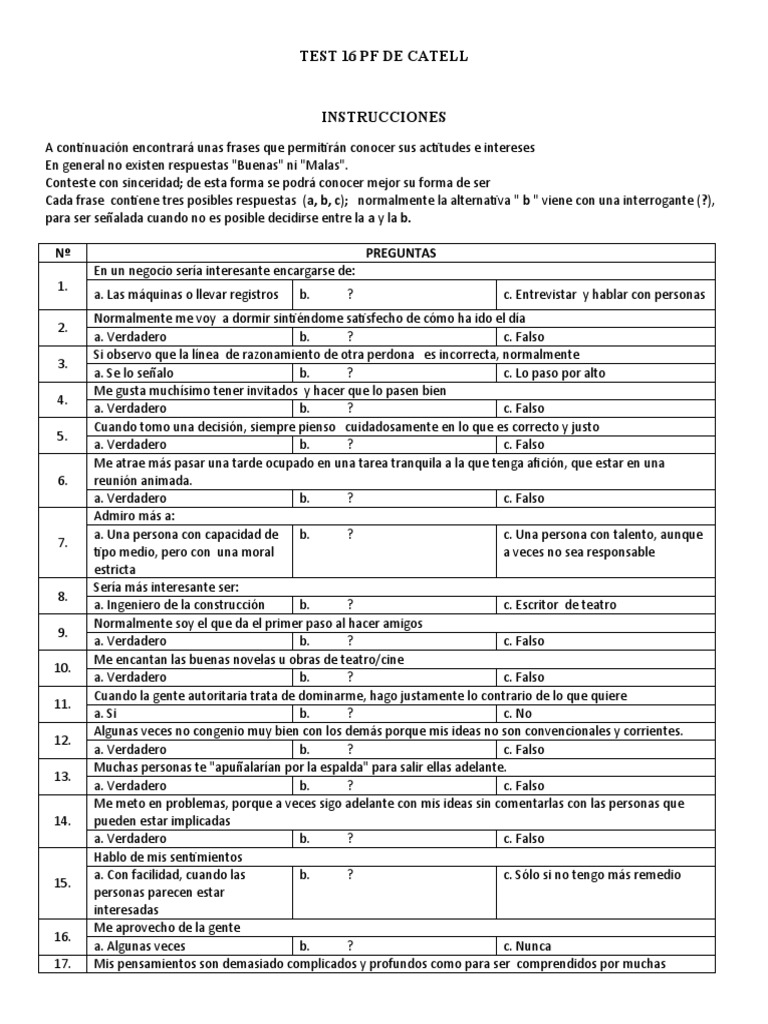 Test 16 PF de Cattell Preguntas | PDF