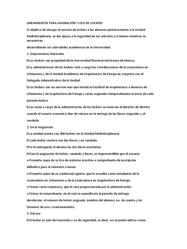 Lineamientos para Asignación y Uso de Lockers | PDF