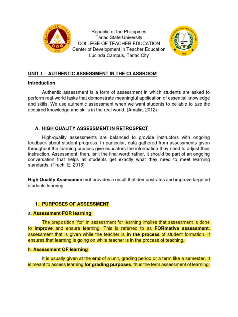 Unit 1 - Authentic Assessment in The Classroom (GROUP 1A) | PDF
