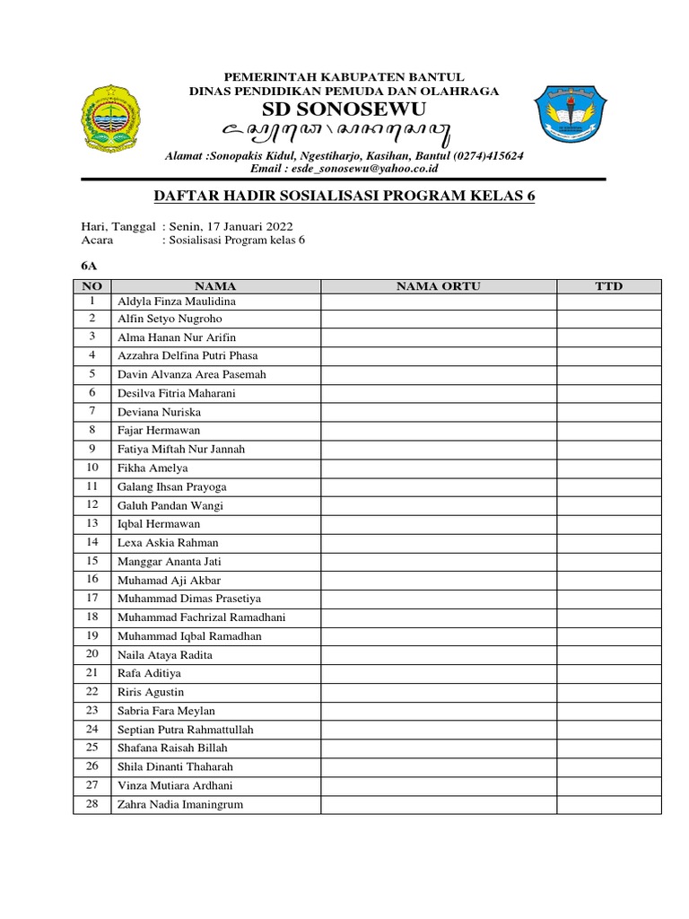 Daftar Hadir Sosialisasi Program Kelas 6 | PDF