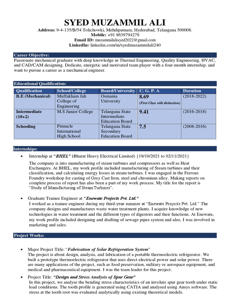 RESUME (Syed Muzammil Ali) | PDF | Engineering