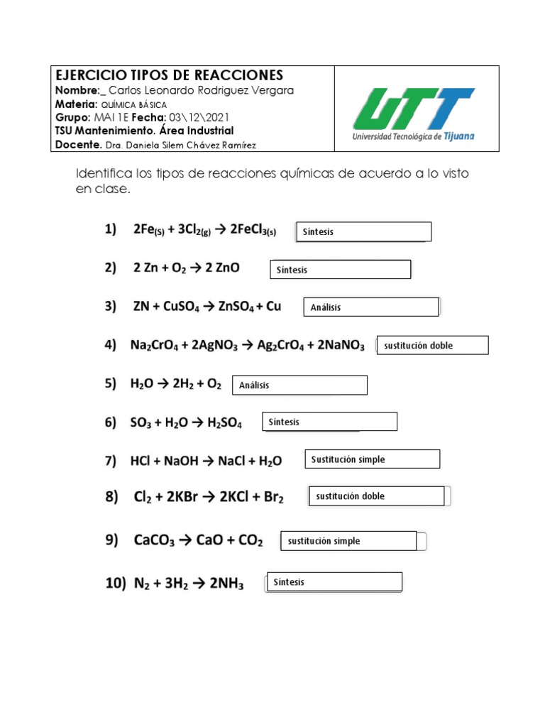 Ejercicio. TIPOS DE REACCIONES QUÍMICAS | PDF