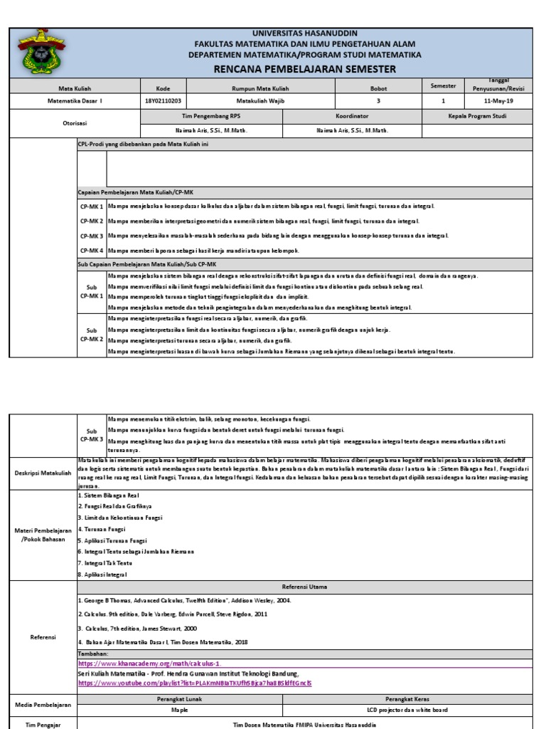 RPS Matematika Dasar I | PDF