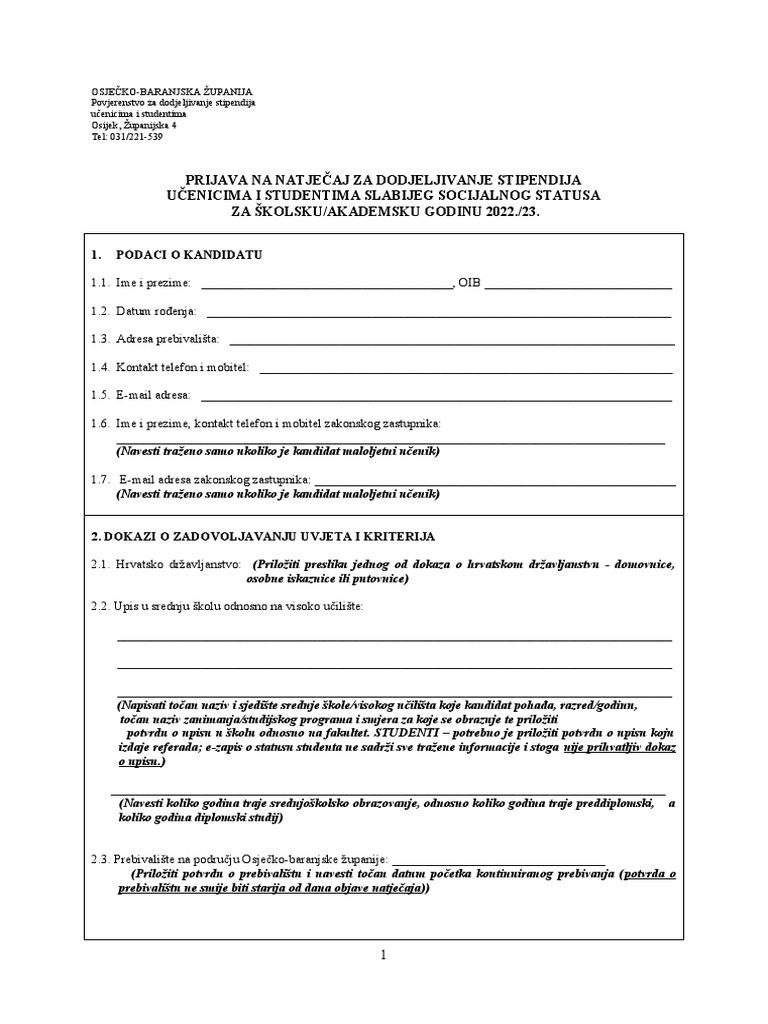 Obrazac Slabiji Socijalni Status 22-23 | PDF