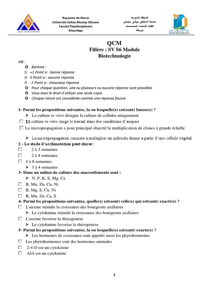 Filière: SV S6 Module Biotechnologie: Barème | PDF