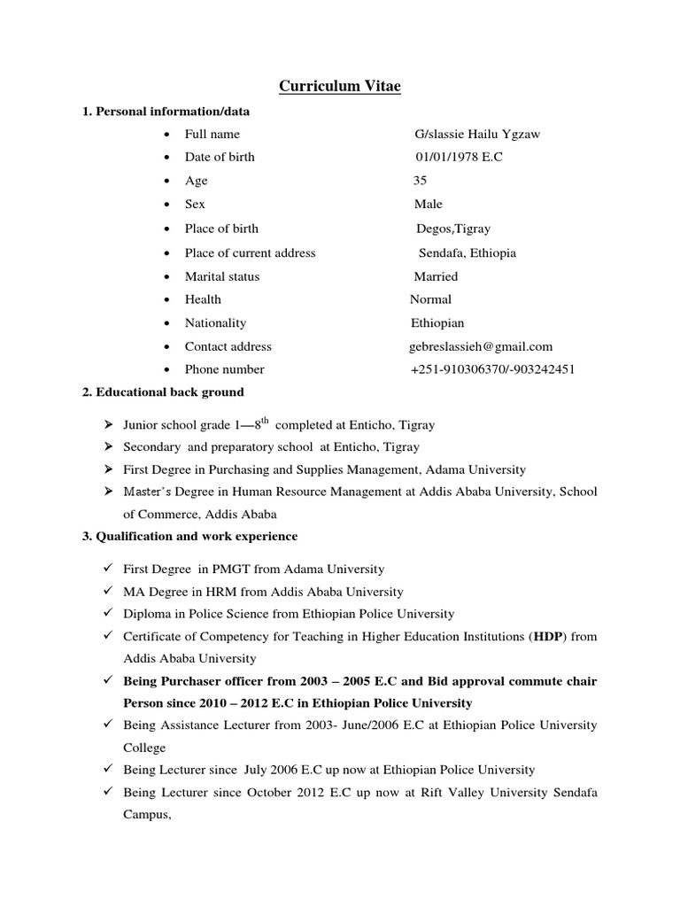 Curriculum Vitae | PDF | Leadership | Ethiopia