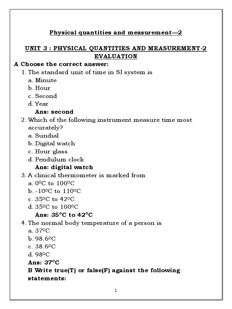 Physical Quantities And Measurement Quiz Pdf Thermometer Temperature