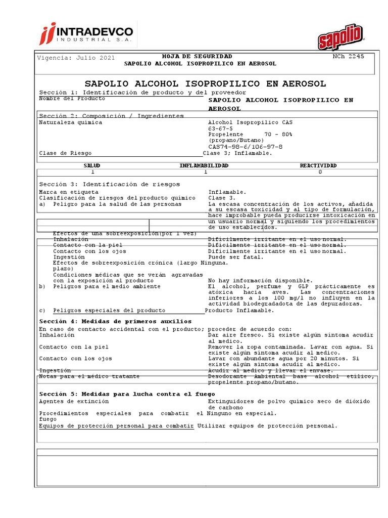 MSDS Alcohol Isopropilico Spray 360ML | PDF