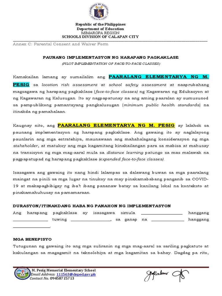 Annex C Parental Consent and Waiver Form | PDF