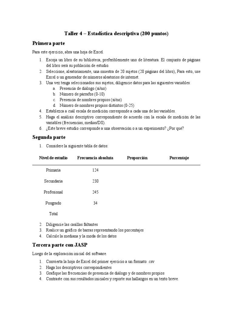 Taller 4 - Estadística descriptiva | PDF | Estadísticas descriptivas | Estadísticas