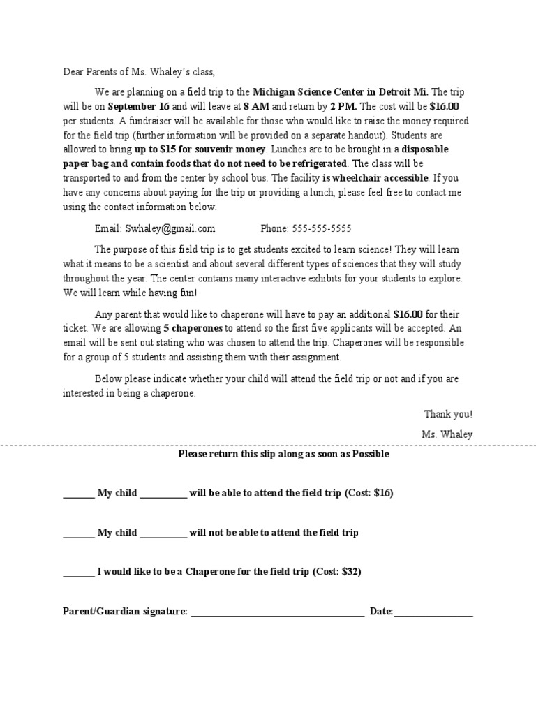 Field Trip Parent Letter | PDF