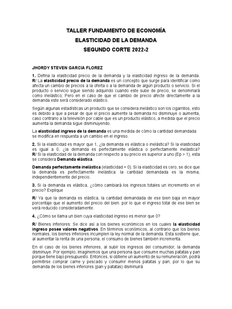 Taller Fundamento de Economía | PDF | Elasticidad (economía) | Oferta y demanda