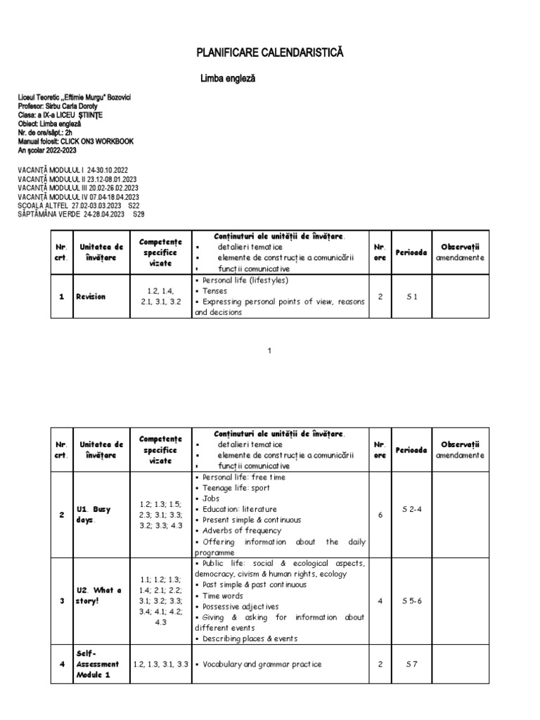 Planificare - Calendaristica - Click - On - 3 CLS 9 2022-2023 | PDF