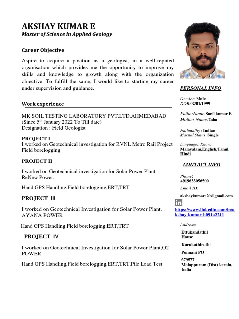 Geologist Resume: Akshay Kumar E | PDF | Geotechnical Engineering ...