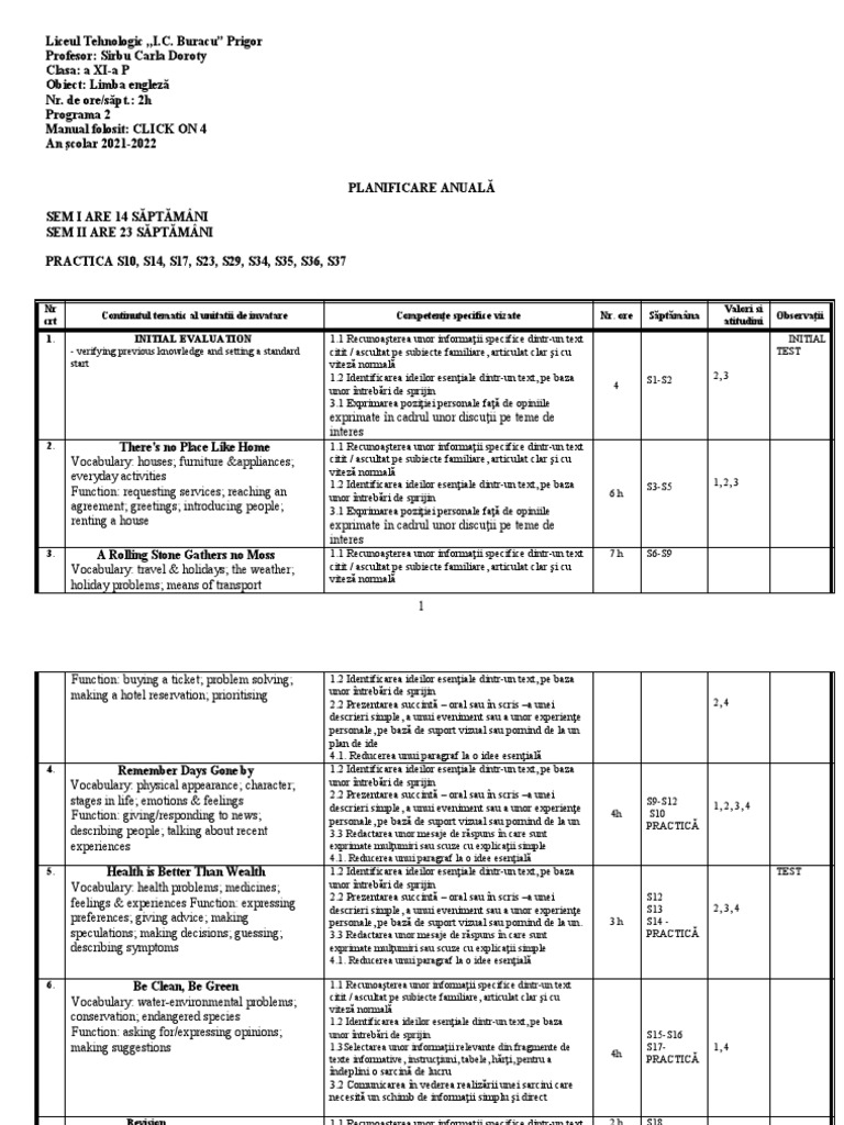 Planificare Calendaristica Xi | PDF