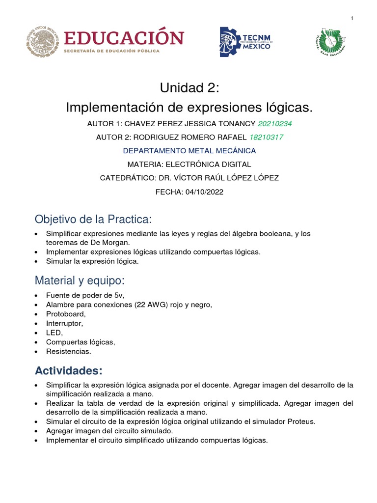 Practica 1 Electronica Digital Implementacion de Expresiones Logicas ...