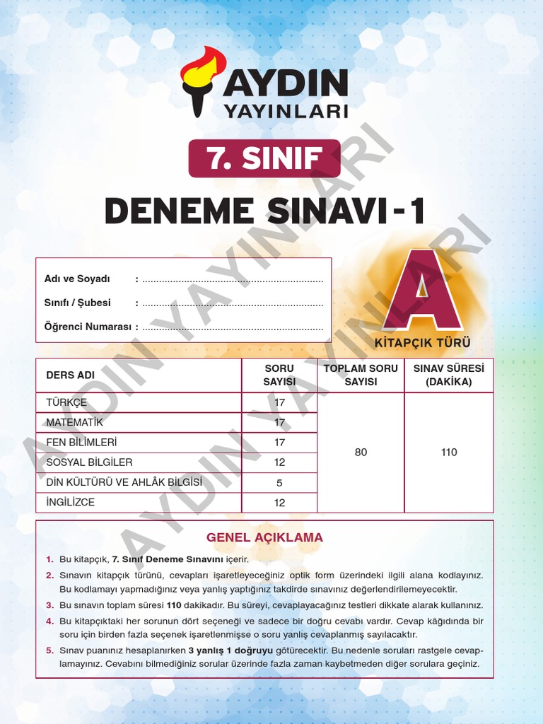 7 Sinif Aydin Yayinlari Deneme Sinavi | PDF