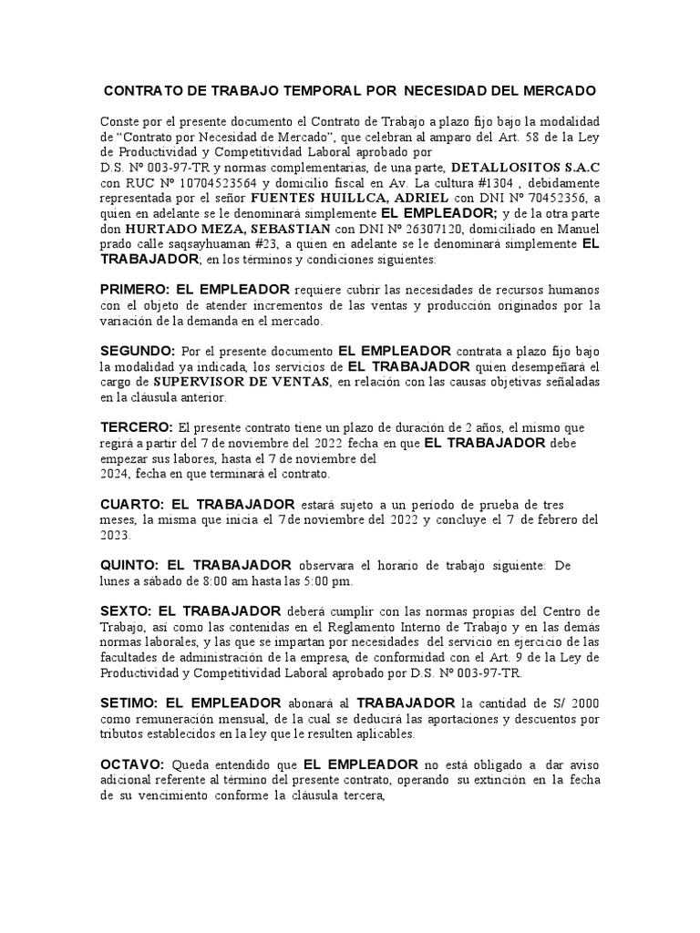Contrato de Trabajo Temporal Por Necesidad Del Mercado N°2 | PDF