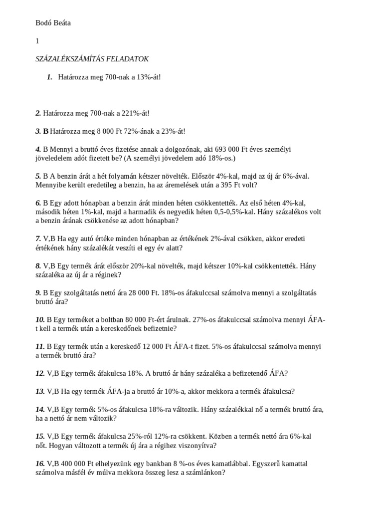 Százalékszámítás Feladatok | PDF