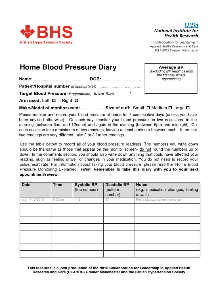 Home Blood Pressure Diary | PDF | Blood Pressure | Hypertension