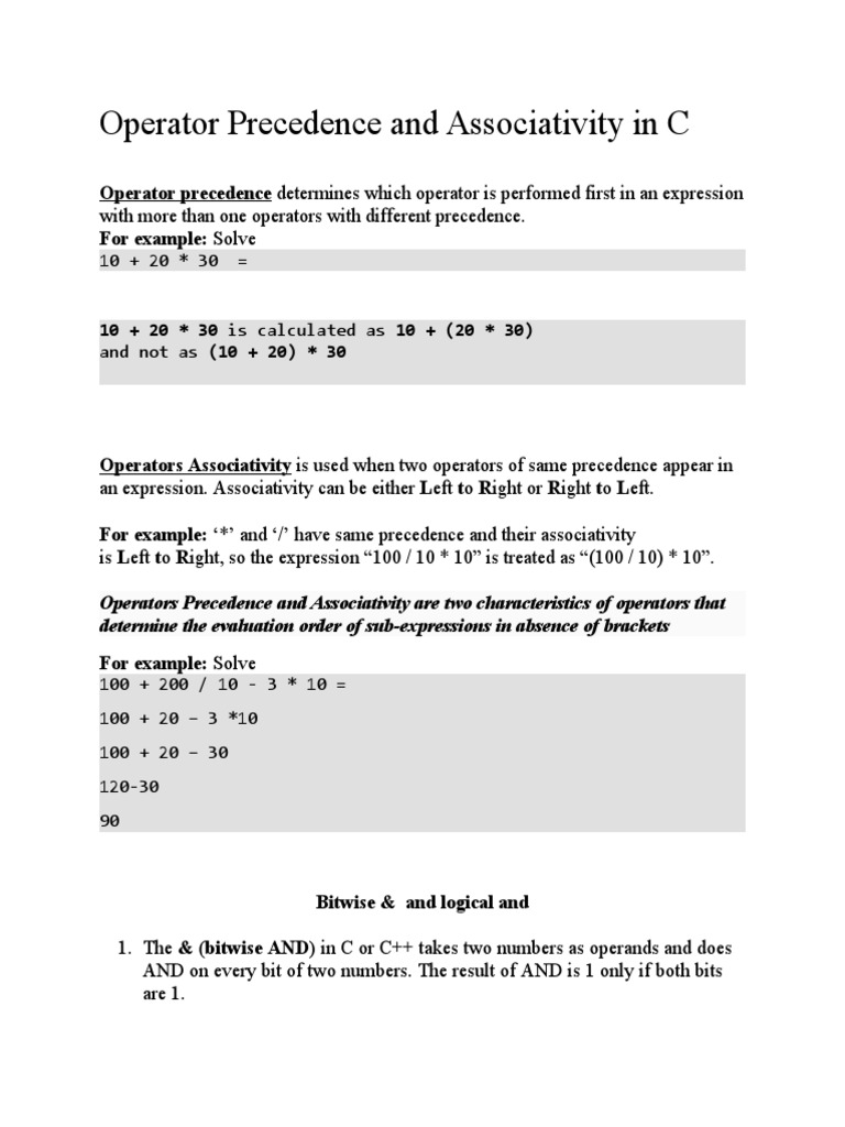 Operator Precedence And Associativity In C Pdf