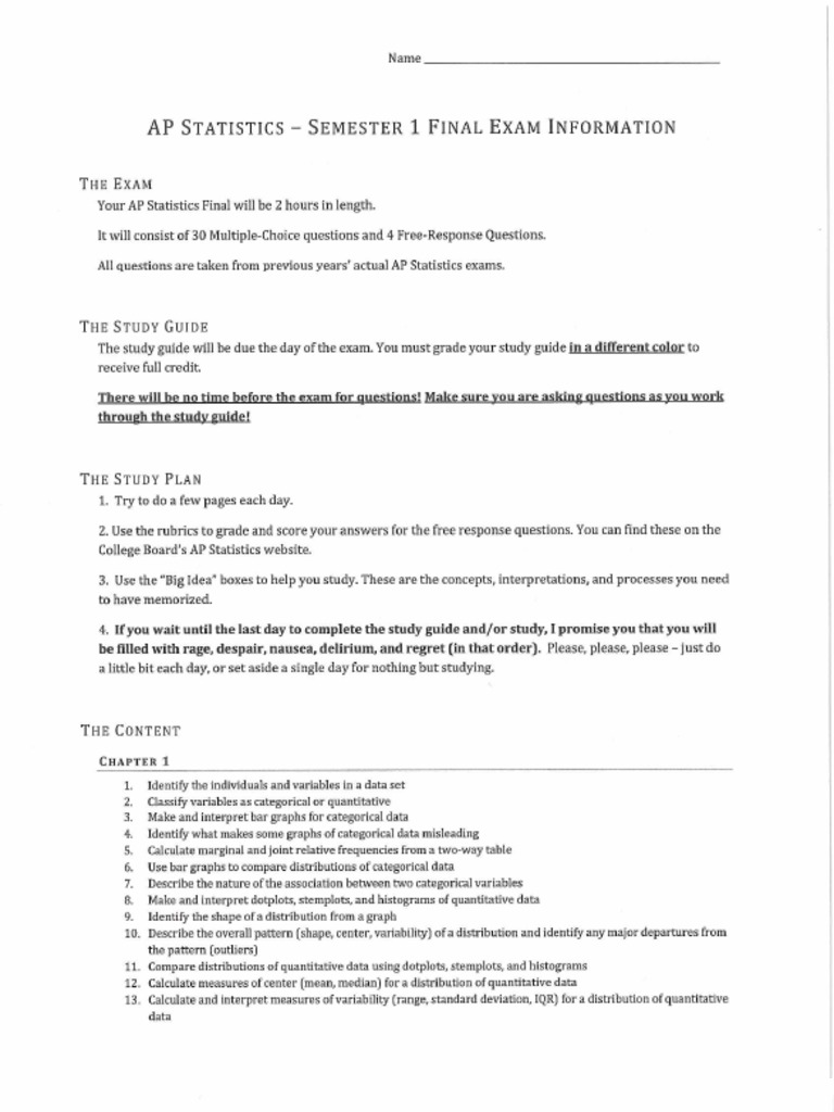 AP Statistics Semester 1 Final Study Guide KEY | PDF