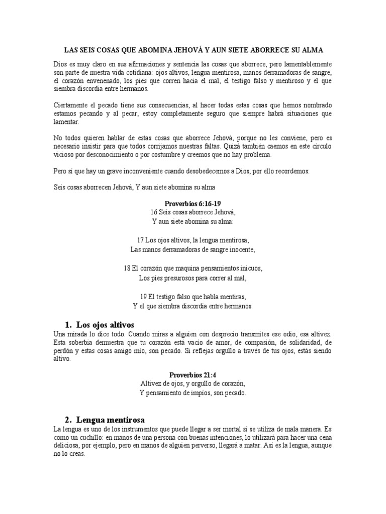 Las Seis Cosas Que Abomina Jehová y Aun Siete Aborrece Su Alma | PDF