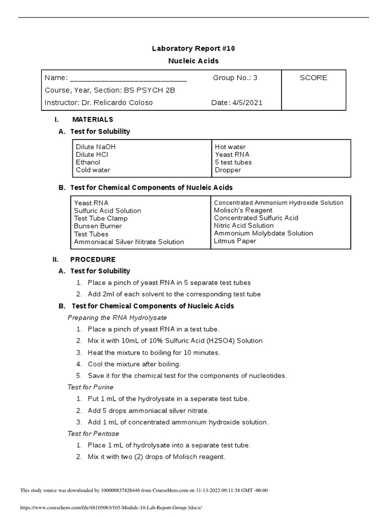 10.3 Module 10 Lab Report Group 3 | PDF | Hydrolysis | Nucleic Acids