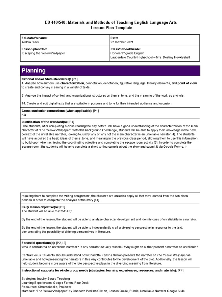 Escaping The Yellow Wallpaper Orginial Lesson Plan | PDF