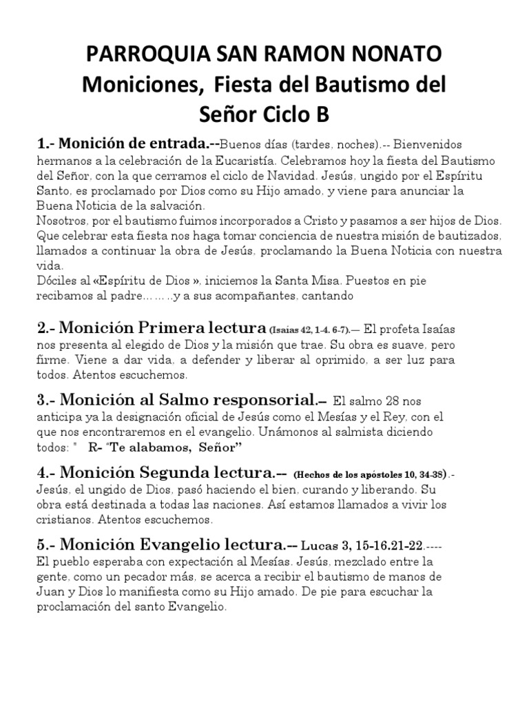 Moniciones Fiesta Del Bautismo Del Señor Ciclo B 2022 | PDF