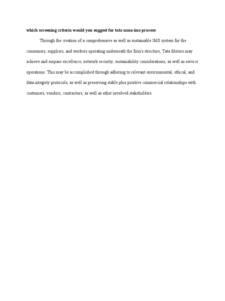 Which Screening Criteria Would You Suggest For Tata Nano Ims Process | PDF
