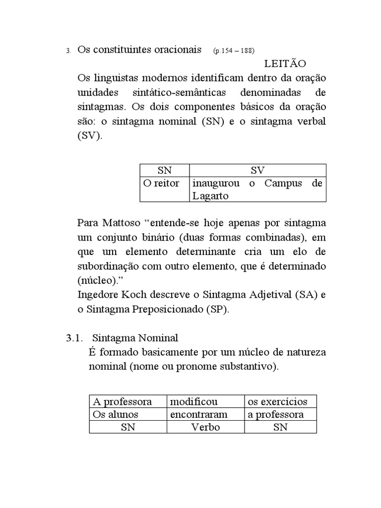 2 Os Constituintes Oracionais LEITÃO | PDF | Assunto (gramática) | Pronome