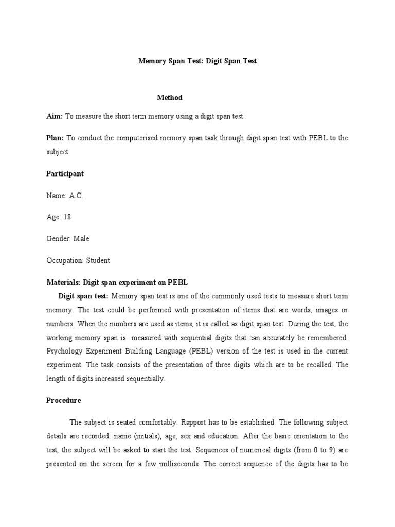 Digit Span Test - Report | PDF | Memory | Cognition