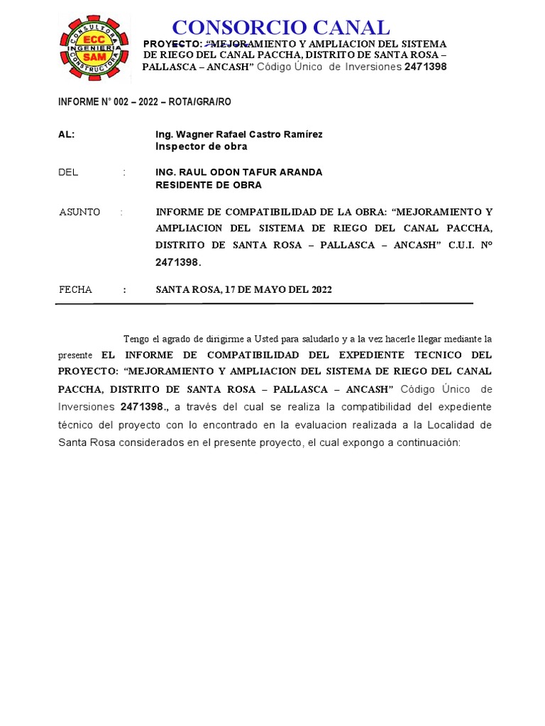 Informe de Compatibilidad Canal Paccha | PDF | Hormigón | Ingeniero civil