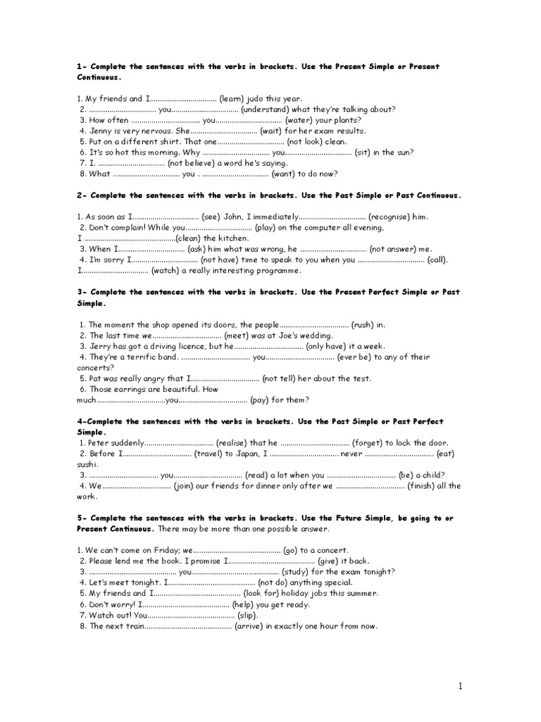 Mastering Verb Tenses: A Comprehensive Exercise in Completing Sentences ...